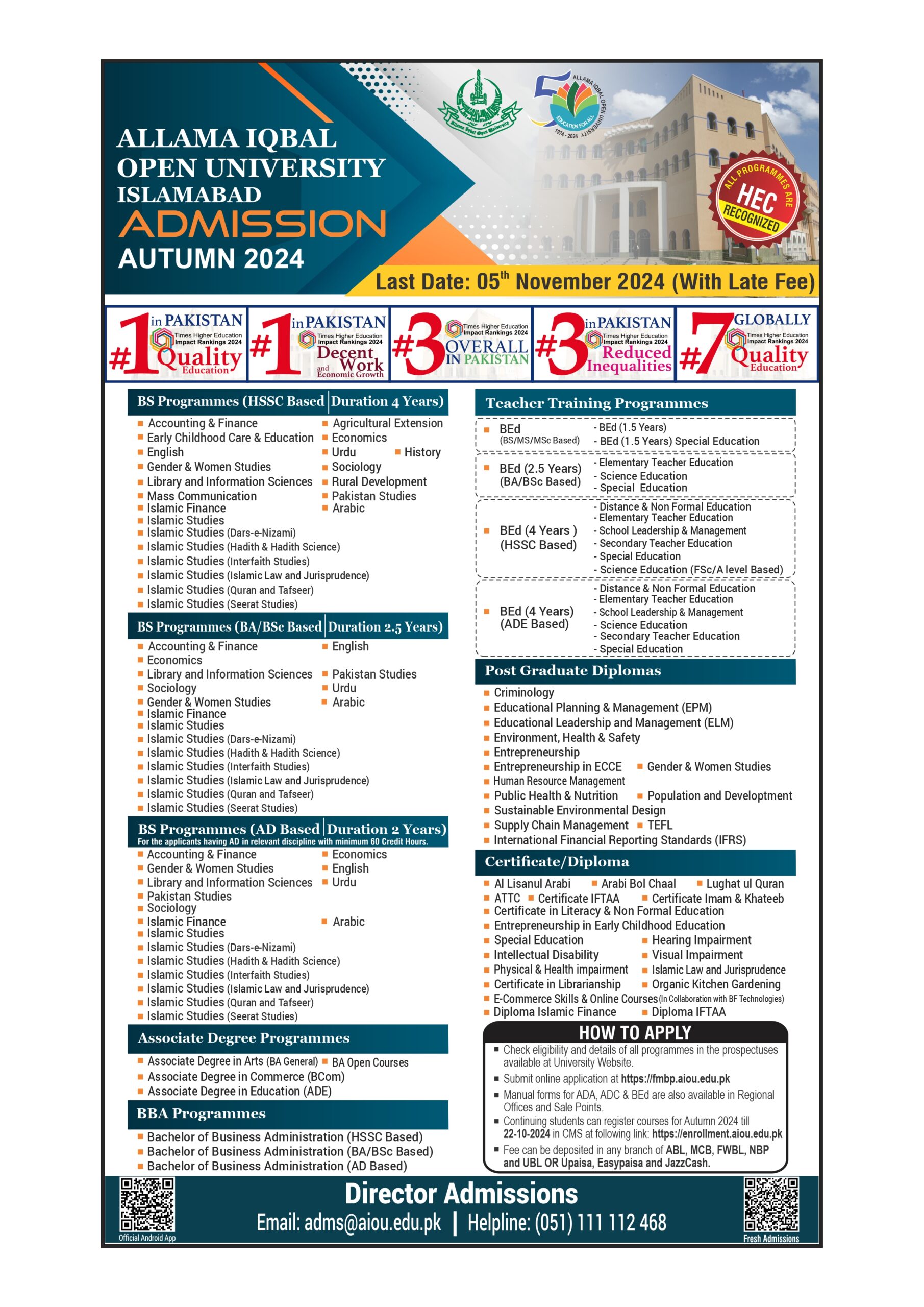 AIOU New Admissions - B.A - B.Ed 2024